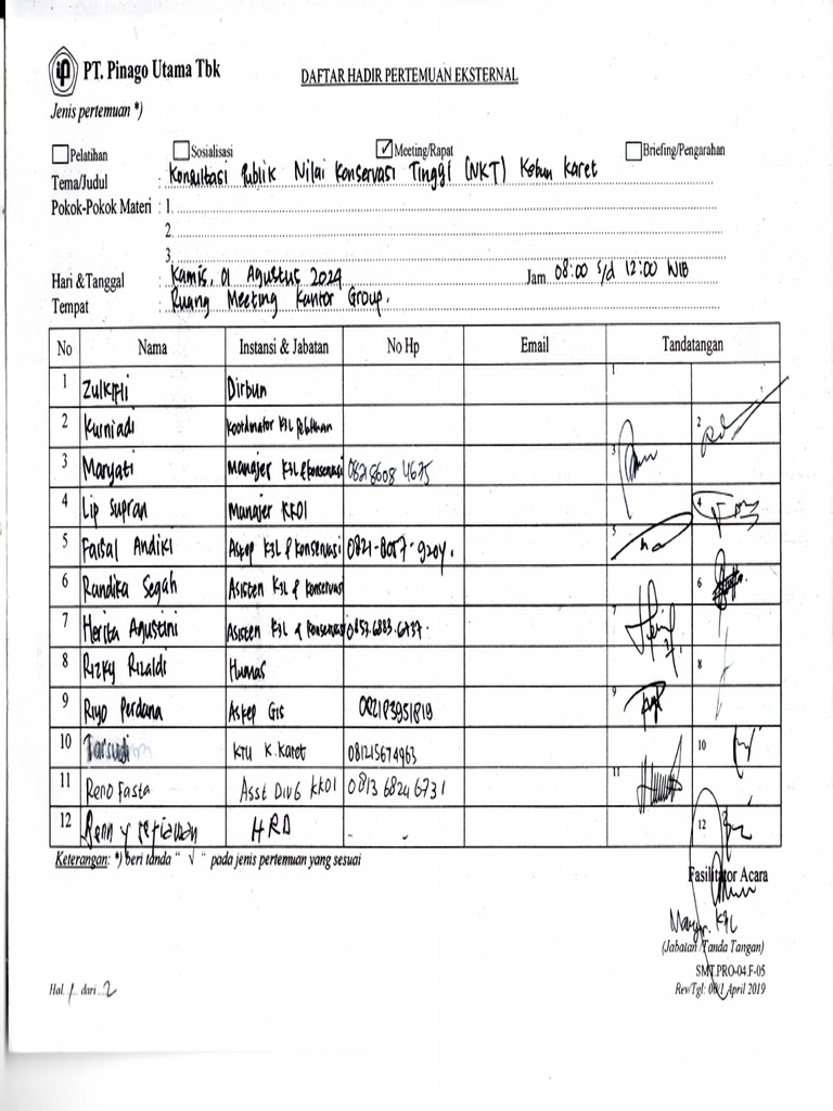 Absensi Zoom Meeting Konsultasi Publik NKT Kebun Karet | PDF
