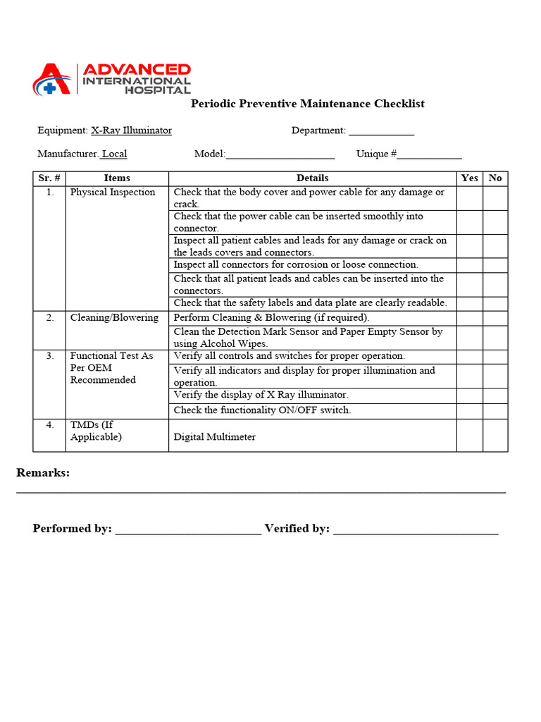 X Ray Illuminator PPM Checklist | PDF