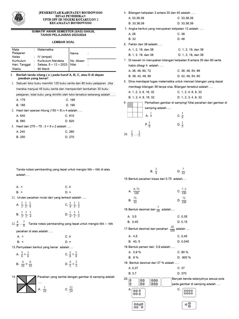 Soal Matematika Kelas IV Semester Ganjil | PDF