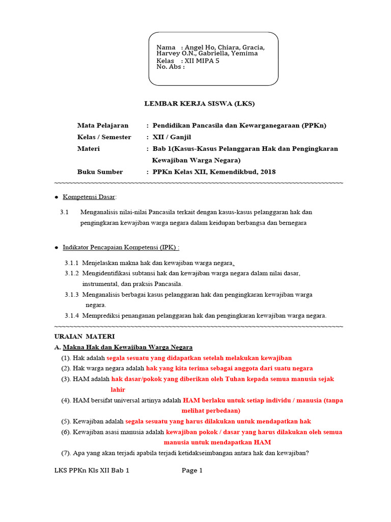 LKS PPKN XII Bab 1 Kasus Pelanggaran Hak Dan Pengingkaran Kewajiban Warga Negara - AGS | PDF