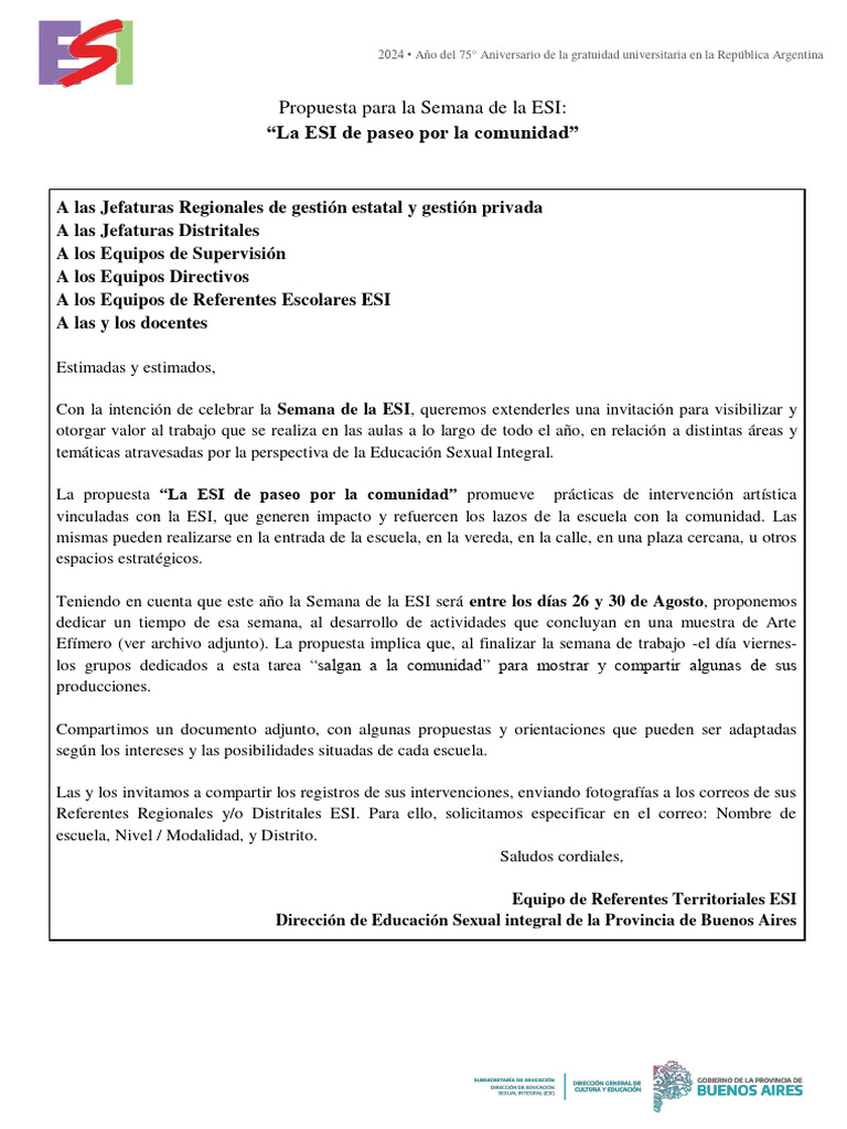 Propuesta de La DESI para La Semana de La ESI | PDF | Escuelas | Arte de performance