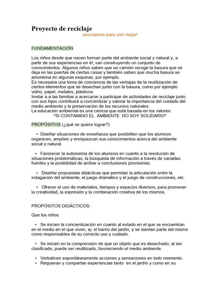 Proyecto Reciclaje Pdf Residuos Reciclaje