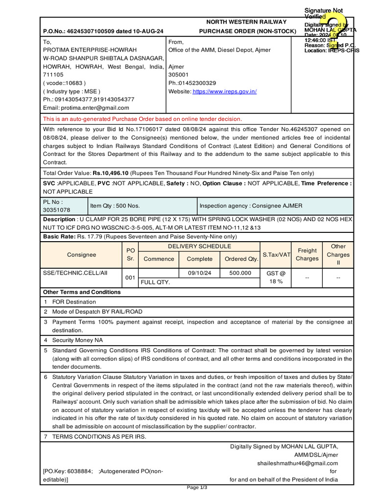 U Clamp For 25 Bore Pipe Po Qty - 1500 Nos | PDF | Value Added Tax ...