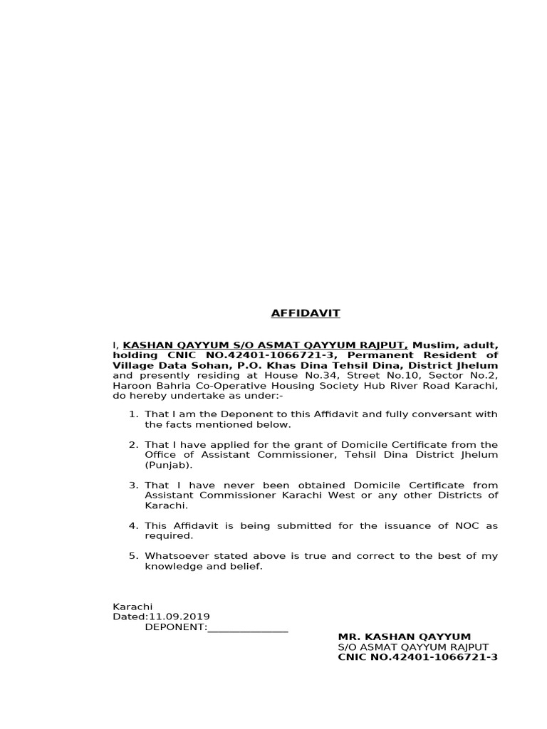 Affidavit (Grant of Noc For Domicile) | PDF