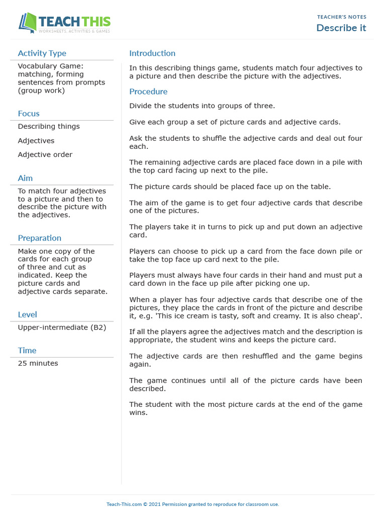 Describe It | PDF | Card Games | Games Of Chance