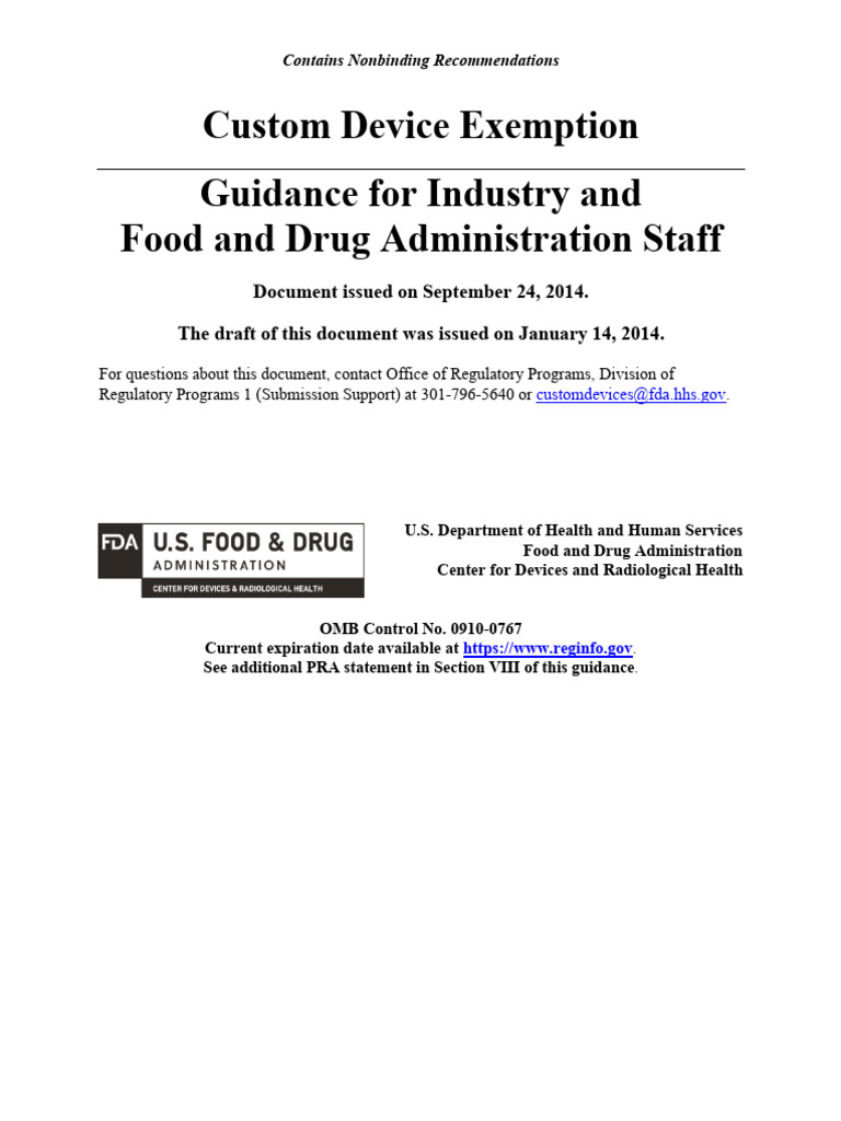 Guidance Custom Device Exemption | PDF | Federal Food | Food And Drug ...