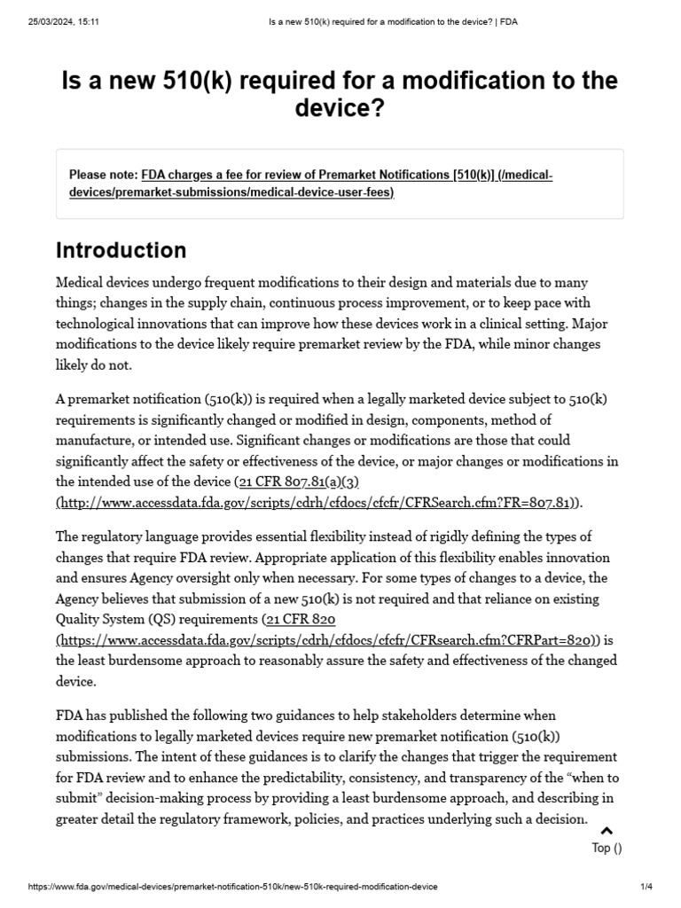 Is A New 510 (K) Required For A Modification To The Device - FDA | PDF ...