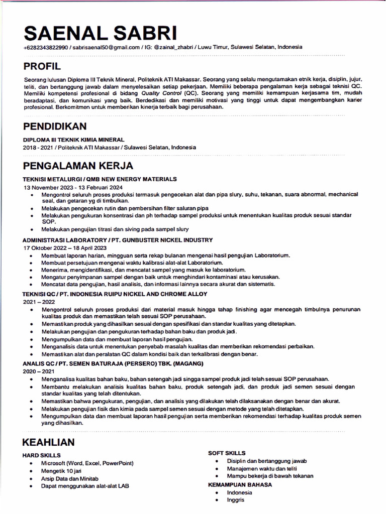 CV Dan Foto Saenal Sabri | PDF