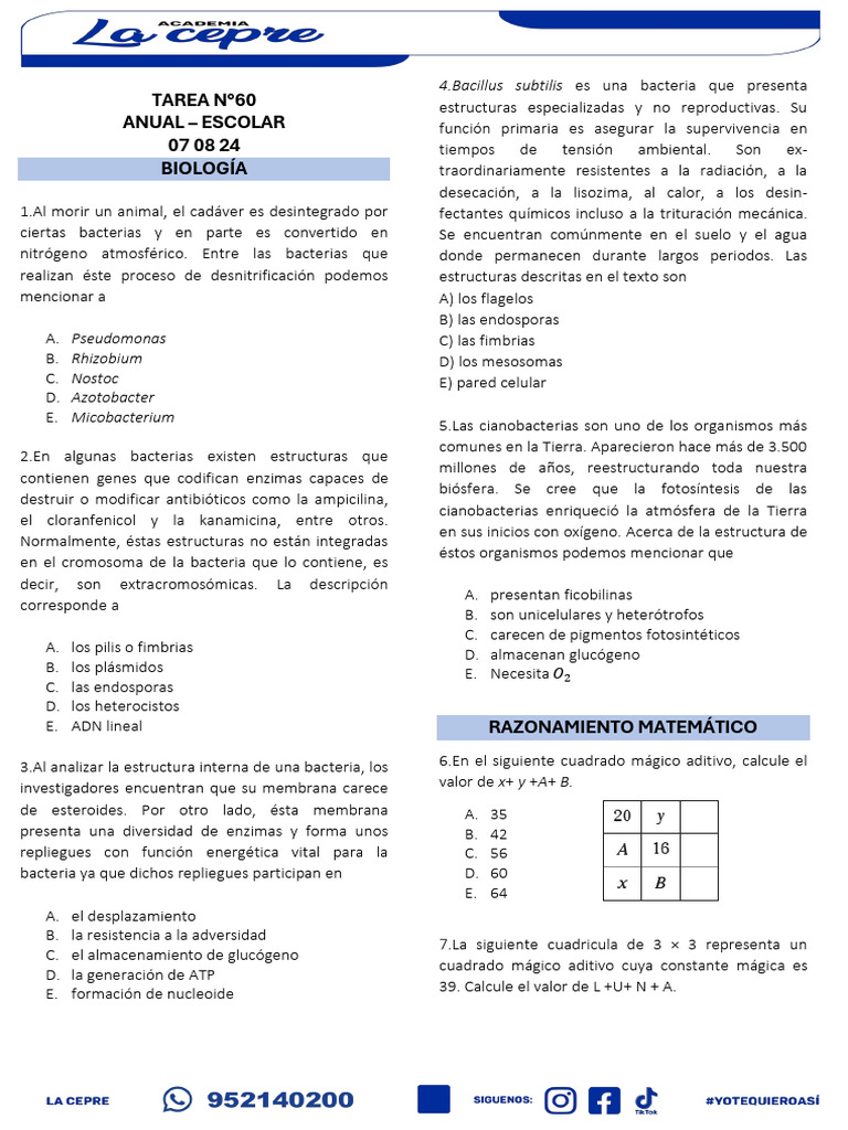 Tarea #60 Anual - Escolar | PDF | Las bacterias | Aves