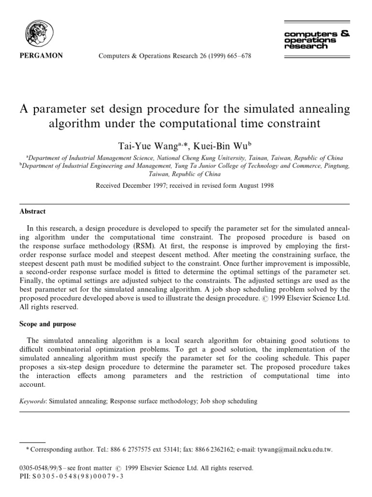 A Parameter Set Design Procedure For The Simulated Annealing Algorithm Under The Computational ...