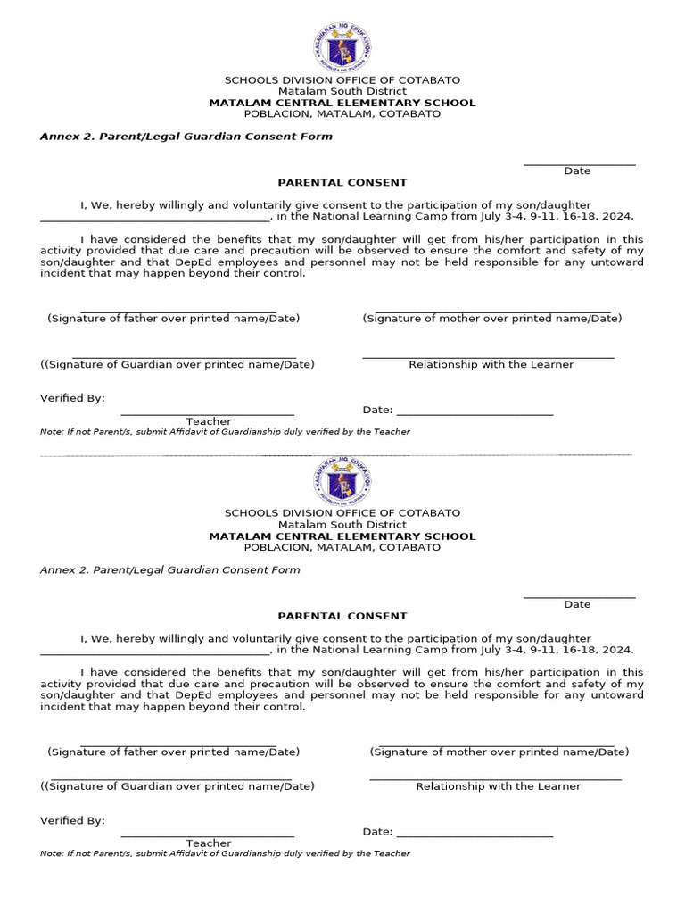 NLC Parents Consent | PDF | Legal Guardian | Behavior Modification
