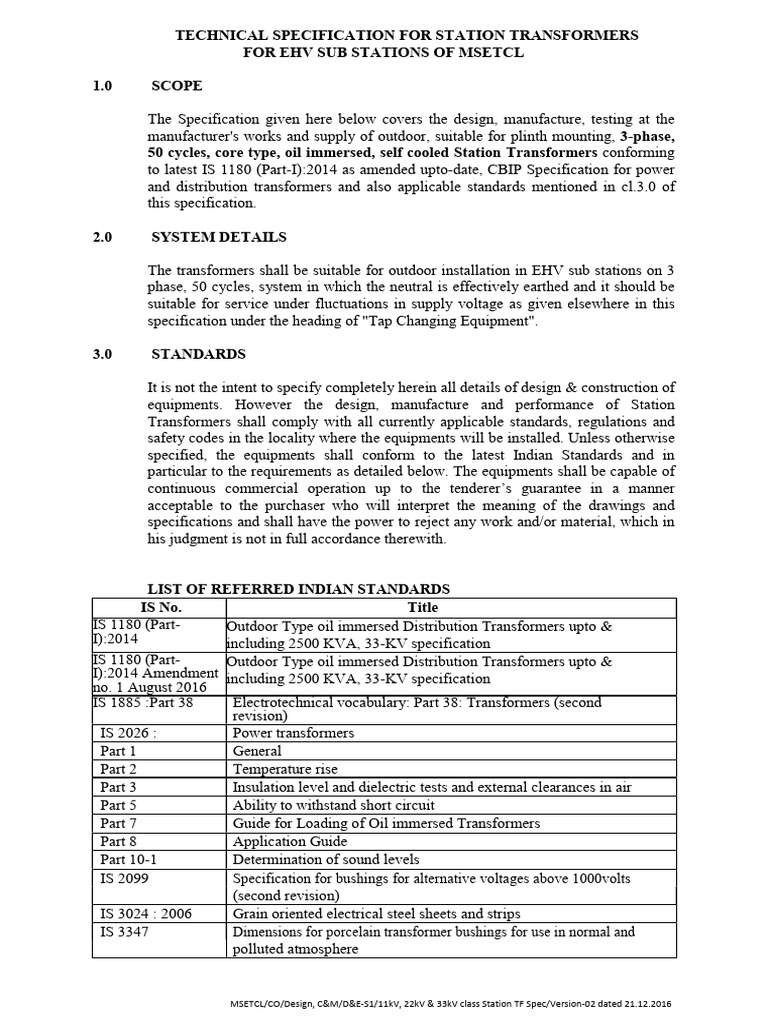 Technical Specification for EHV Station Transformers | PDF ...