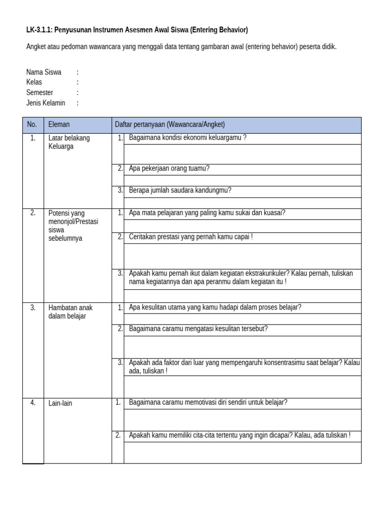 LK-3.1.1 Penyusunan Instrumen Asesmen Awal Siswa (Entering Behavior) | PDF