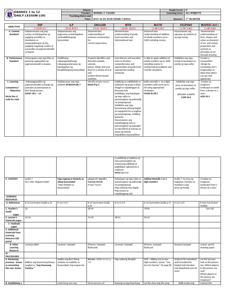 DLL - All Subjects 2 - Q1 - W7 - D2 | PDF