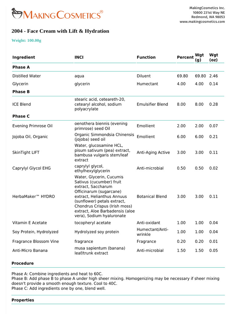 2004 Face Cream With Lift & Hydration | PDF