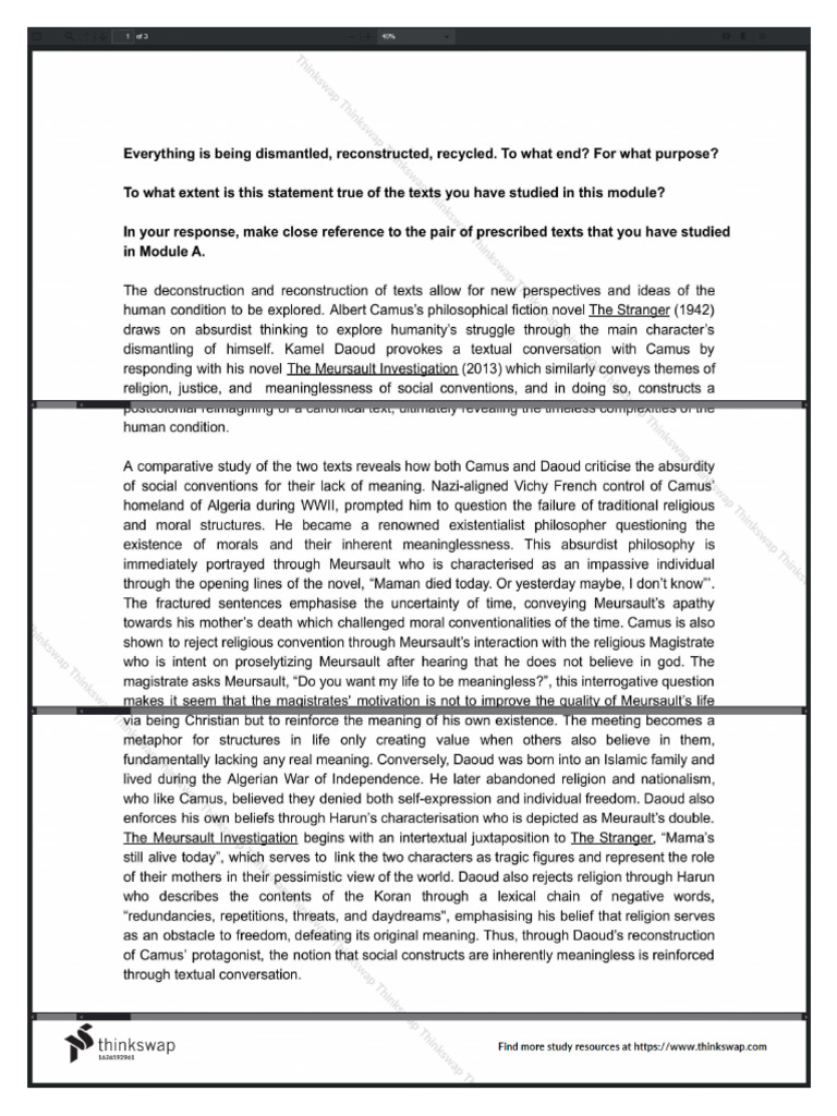 Sample Essay Meursault | PDF