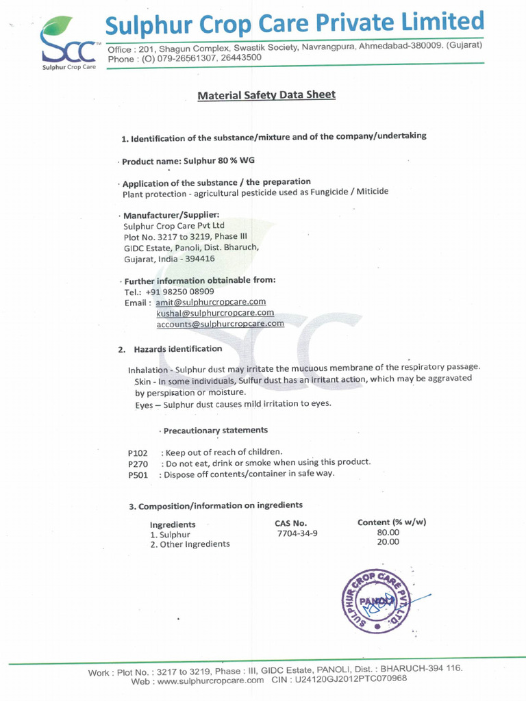 MSDS SULPHUR 80 WDG | PDF