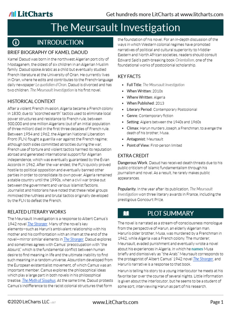 The Meursault Investigation LitChart | PDF | Albert Camus | Moses In Islam