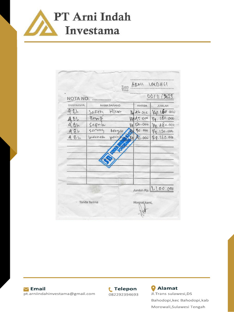 Nota Belanja PT Arni Indah Investama | PDF