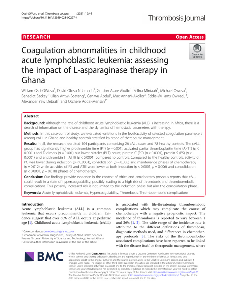 Coagulation Abnormalities in Childhood Acute Lymph | PDF | Causes Of ...