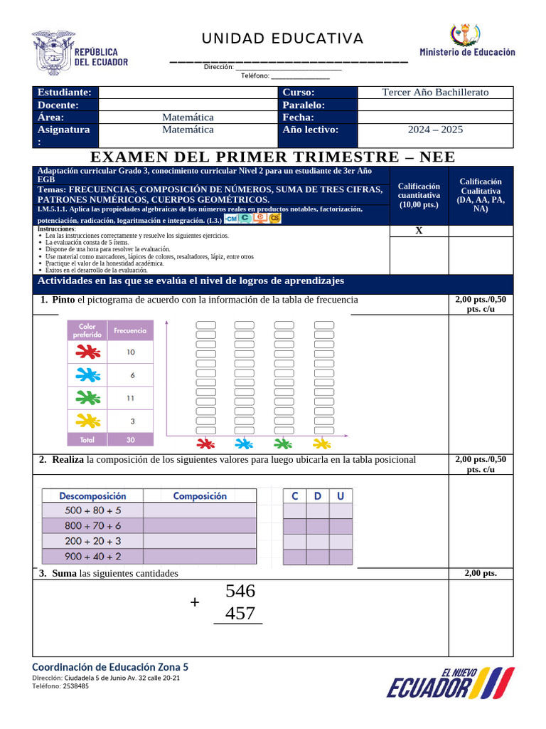 Examen 1T Mat 3ro BC Nee 2024-2025 - Video | PDF | Matemáticas