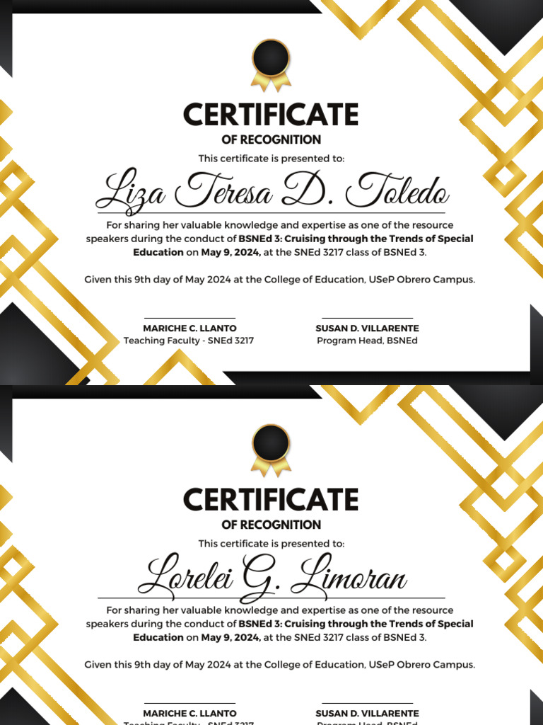 Recognition Certificates for BSNEd 3 Symposium | PDF | Foreign Language ...