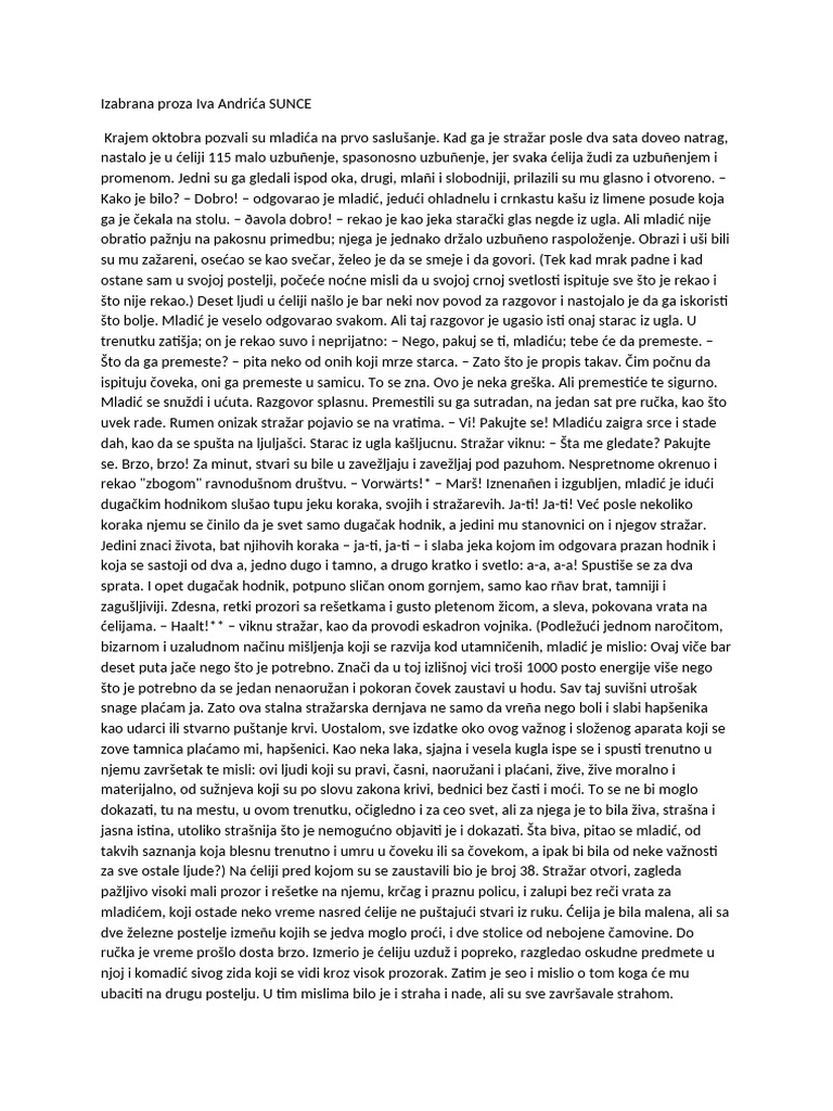 Izabrana Proza Iva Andrića SUNCE | PDF