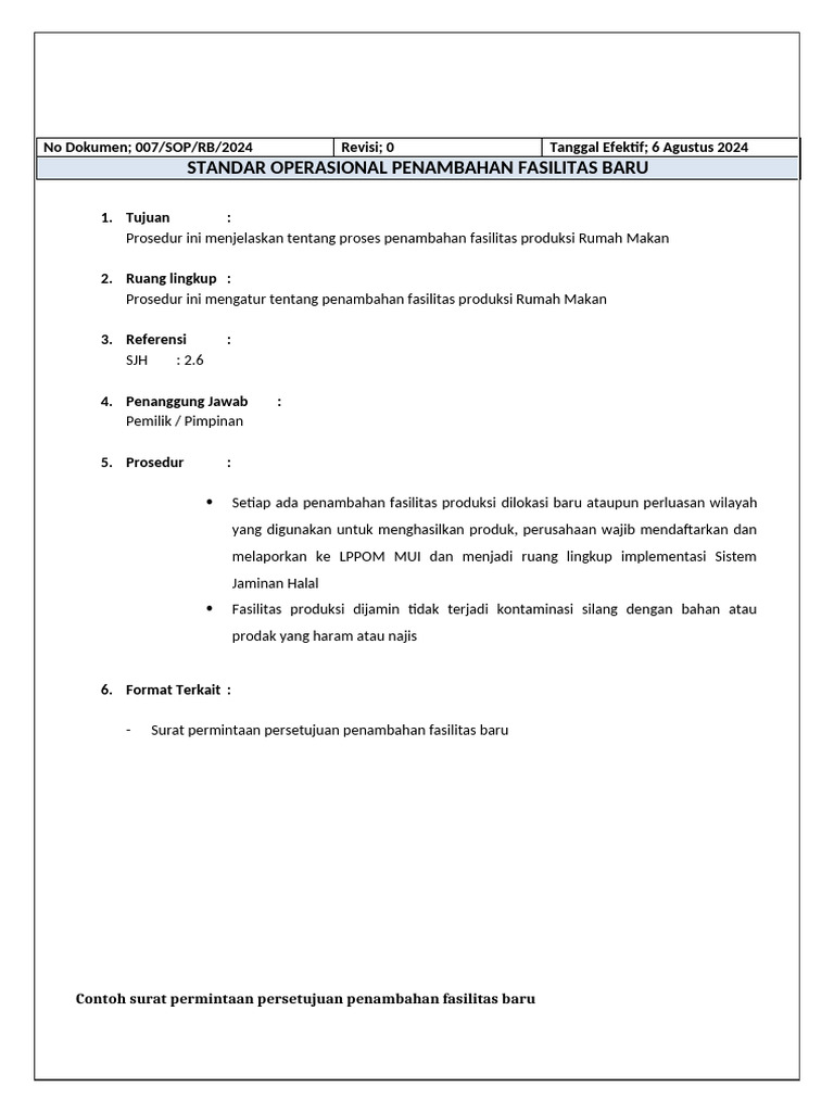 8 SOP Penambahan Fasilitas Baru Halal | PDF