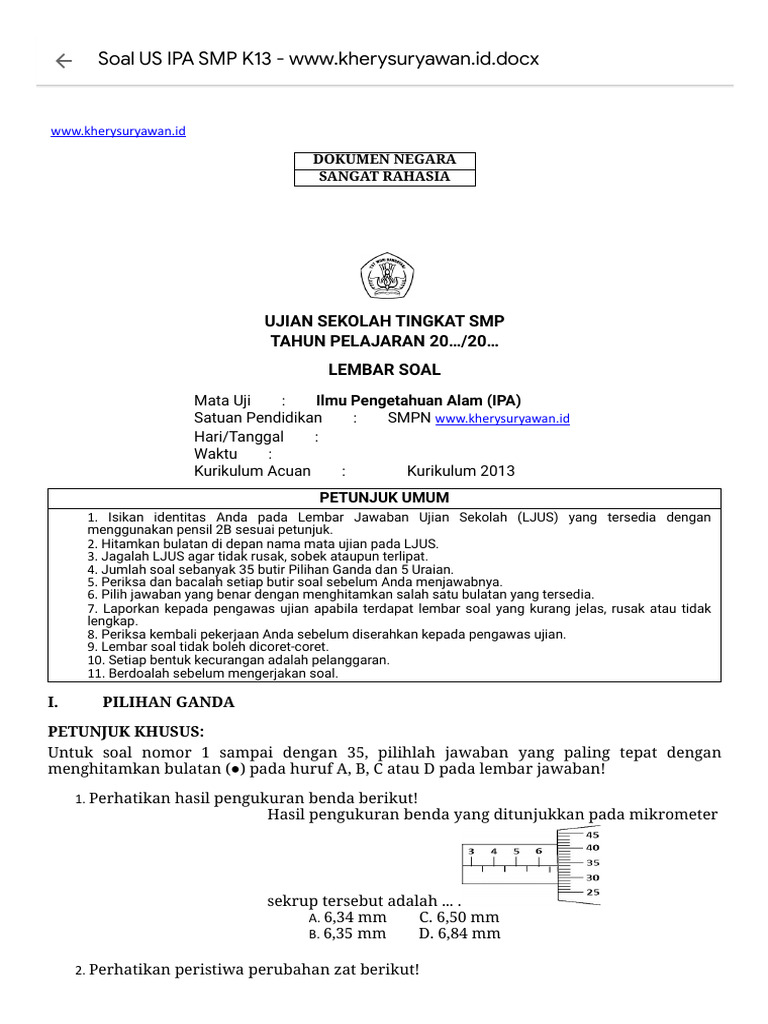 Soal US IPA SMP K13 - WWW - Kherysuryawan.id | PDF
