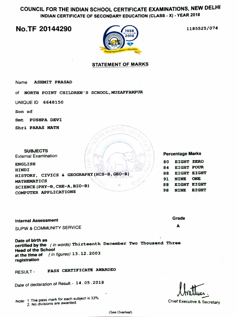 10th Marksheet | PDF | Educational Assessment And Evaluation | Schools
