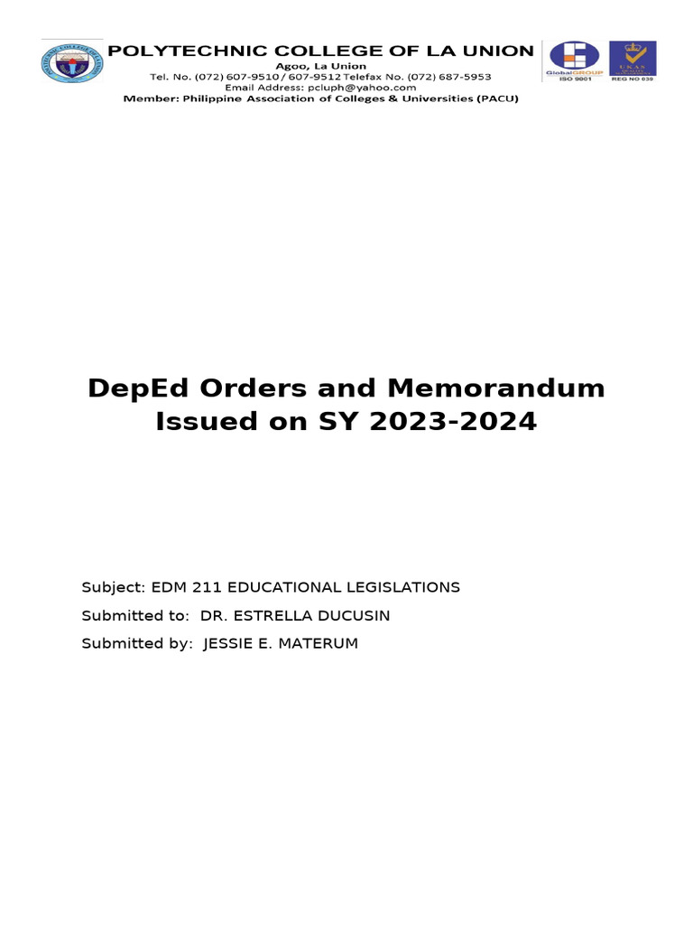 DepEd Orders and Memorandum Issued On SY 2023 | PDF | Procurement ...