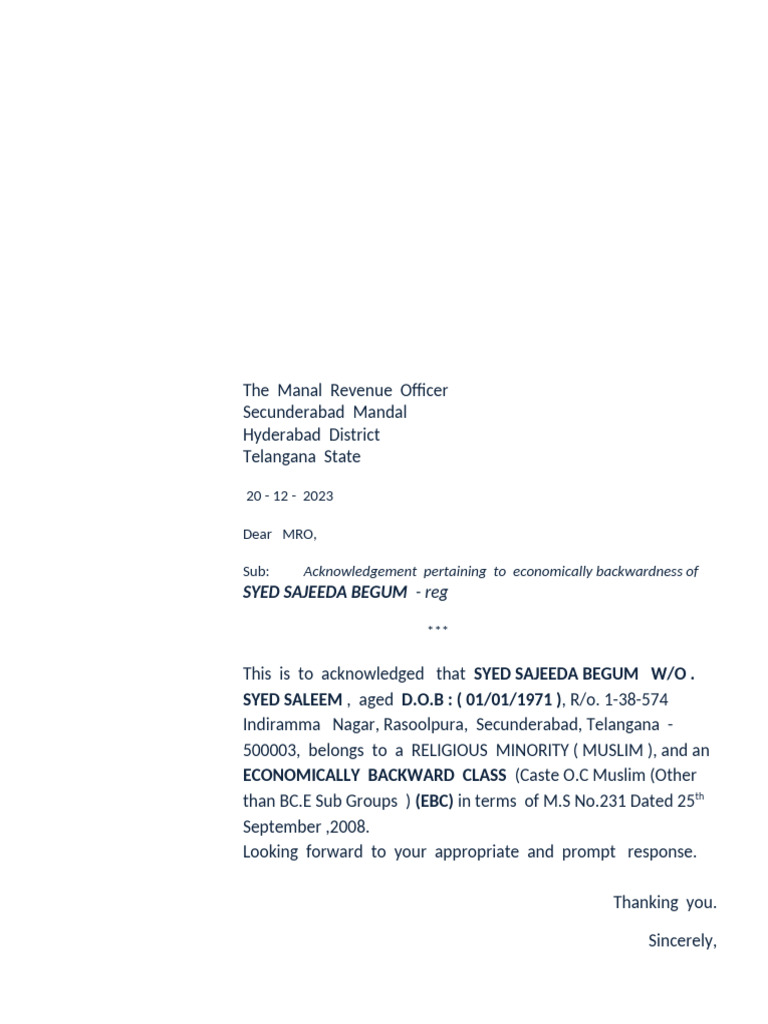 Caste Masjid Letter (Ebc) | PDF