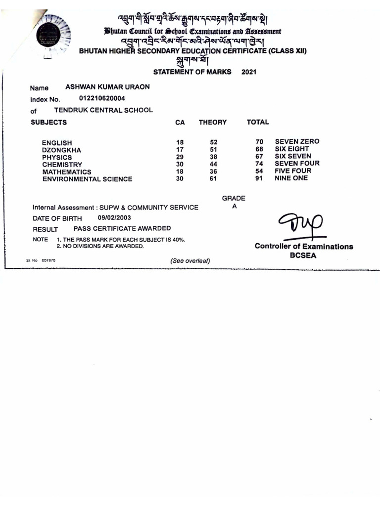 Class XII Marksheet - 1 | PDF