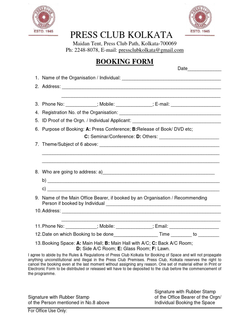 Press Club Hall Booking Form | PDF | Career & Growth | Finance & Money ...