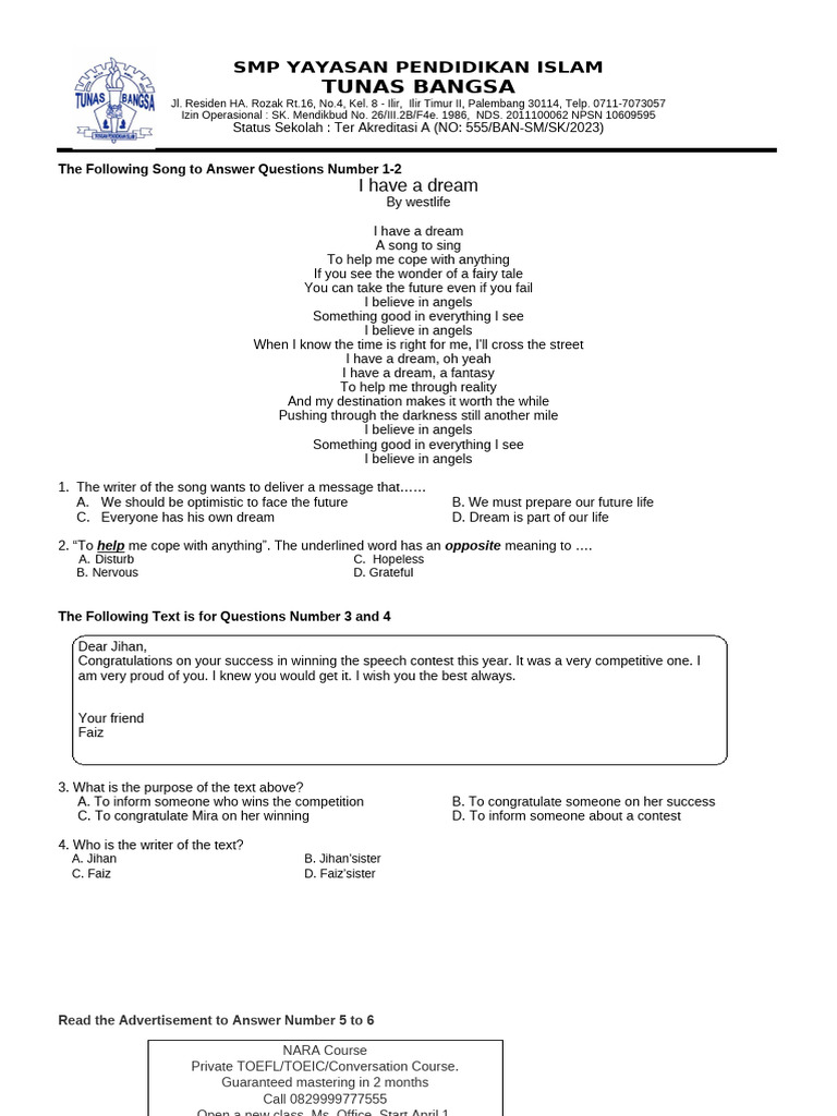 Latihan Soal Soal Ujian Bahasa Inggris | PDF | Bat