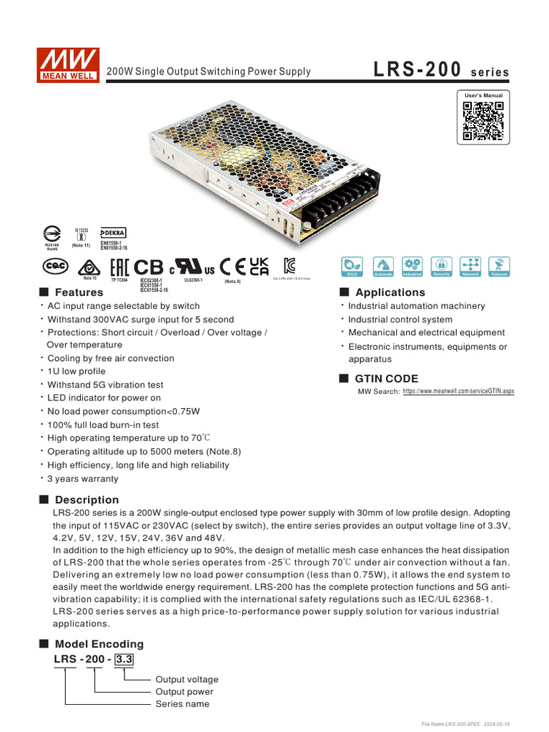 LRS 200 Spec | PDF | Power Supply | Manufactured Goods