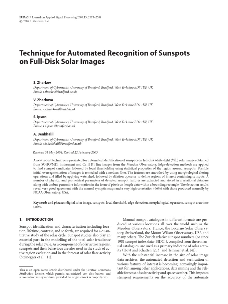 Technique For Automated Recognition of Sunspots On Full Disk 46wp4p0h3g | PDF | Sun | Magnetometer