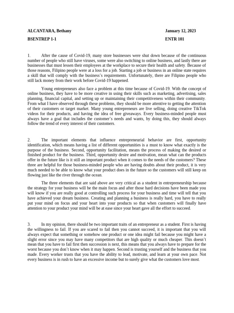 ALCANTARA, Bethany - Activity 3 | PDF | Entrepreneurship | Motivation