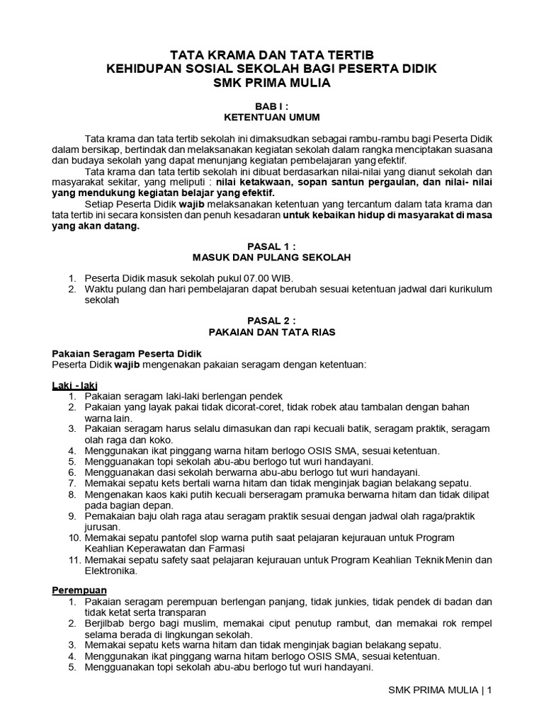 Tata Krama Dan Tata Tertib Kehidupan Sekolah Bagi Peserta Didik SMK Prima Mulia | PDF