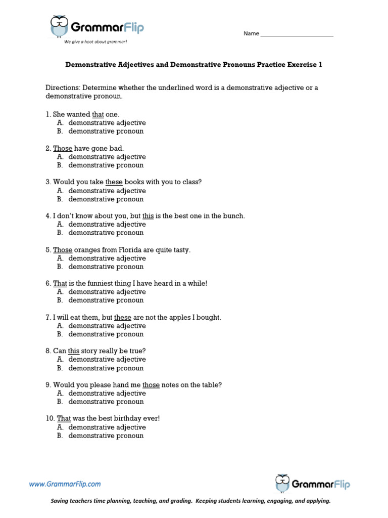 Demonstrative Adjectives and Demonstrative Pronouns GrammarFlip ...