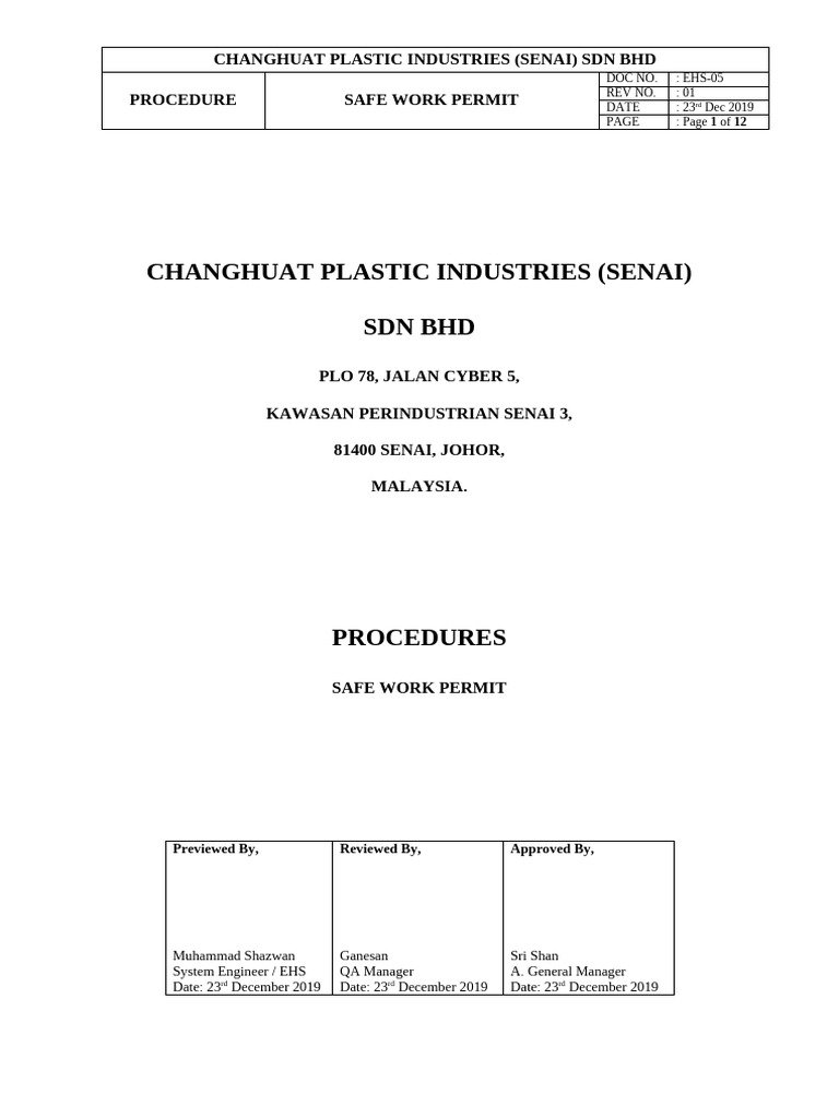 Safe Work Permit Procedure Overview | PDF | Employment | Safety