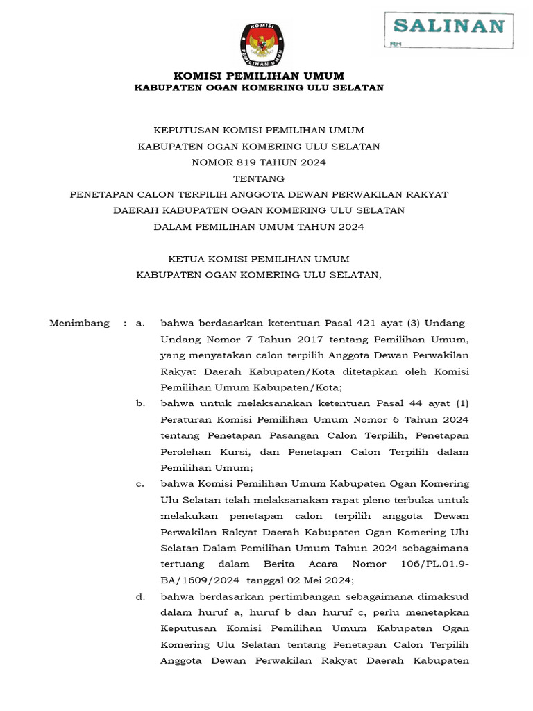 SK Salinan Calon Terpilih - OKUS | PDF