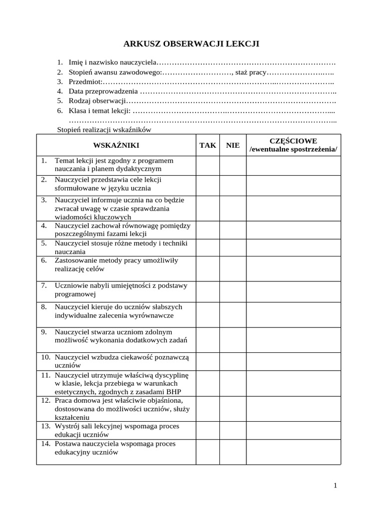 Arkusz Obserwacji Lekcji2 | PDF
