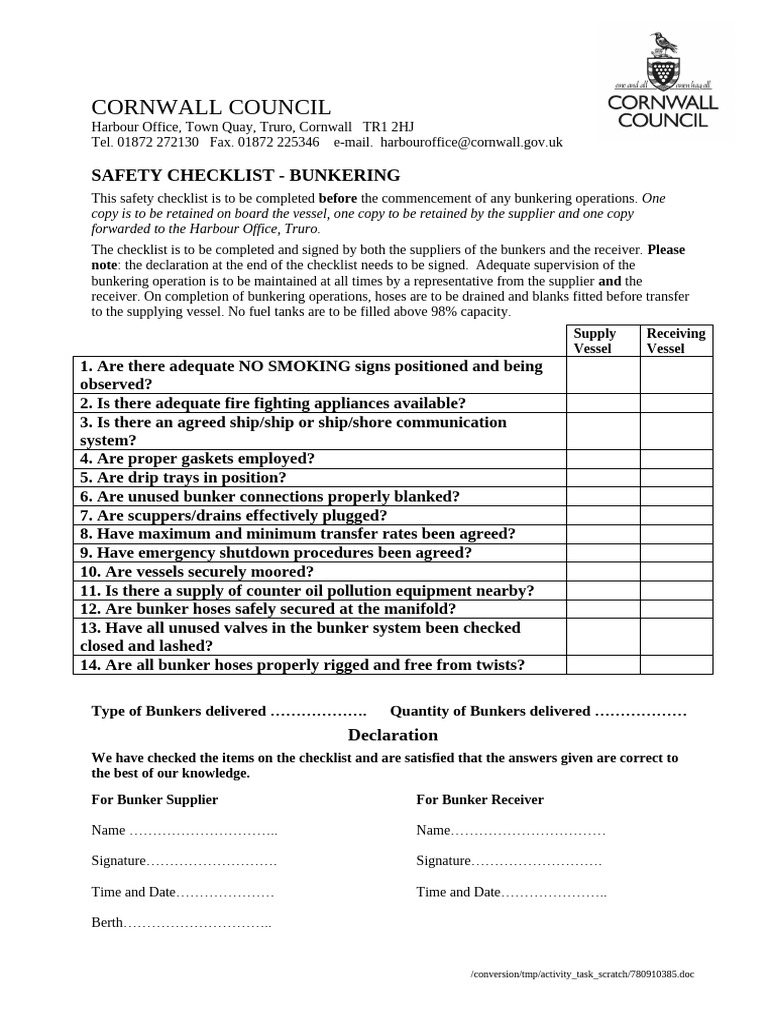 Bunker Checklist | PDF