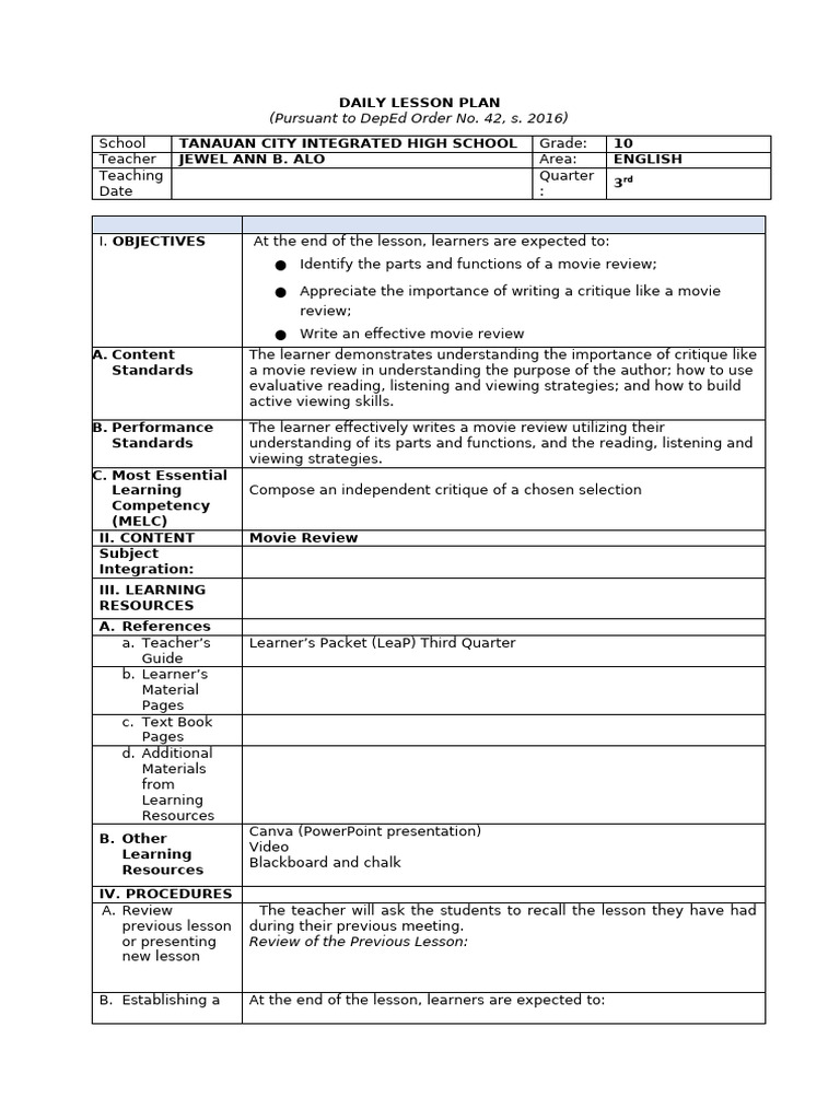 Movie Review LP | PDF | Learning | Lesson Plan