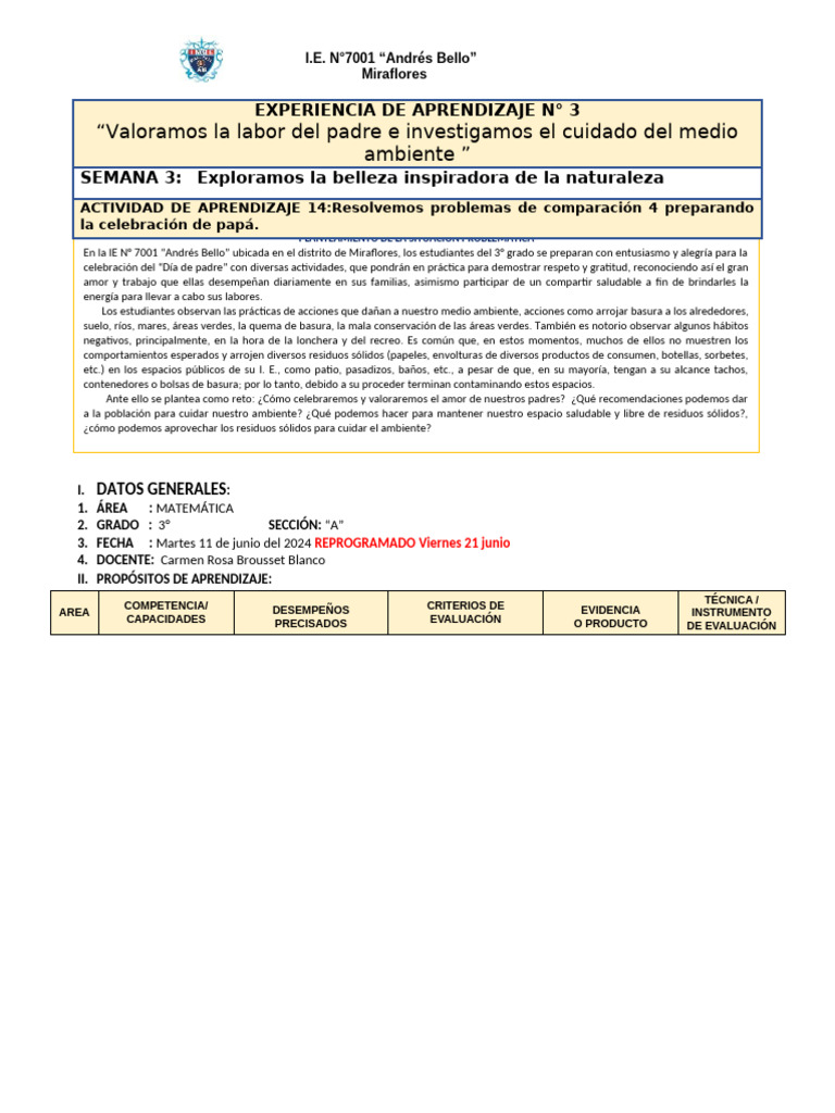Actividad 14 Matemática Cbrousset Problemas de Comparación 4 11 Junio Reprogramado 21 Junio ...