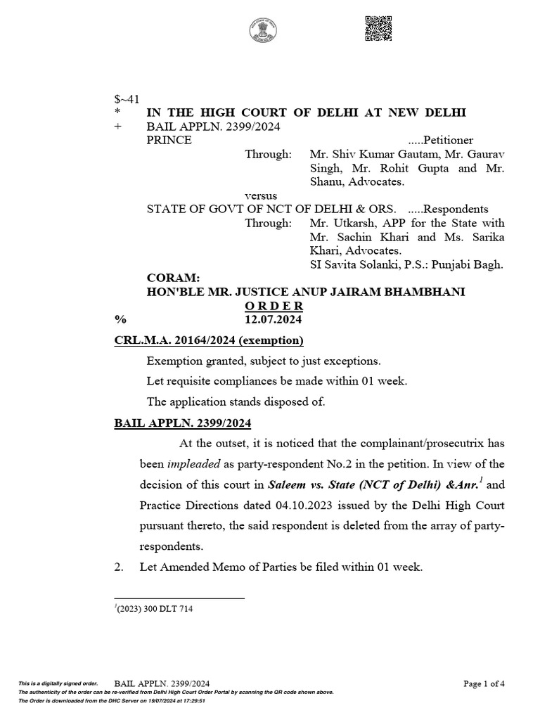 Prince Vs State of Govt of NCT of Delhi & Ors. | PDF | Bail | Prosecutor