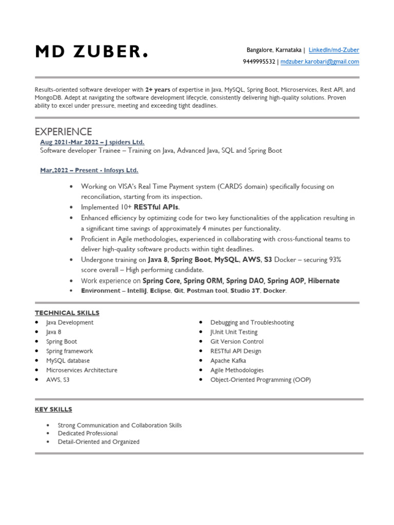 Resume MD Zuber Karobari | PDF | Spring Framework | My Sql