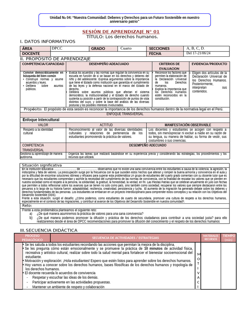 UNIDAD 4 - SESIÓN 1 - SEM 1 - DPCC 4° | PDF | Derechos humanos | Invalidez