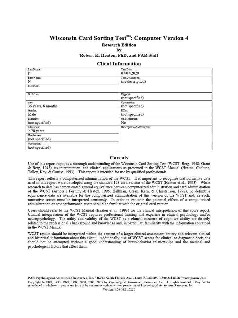 Wisconsin NPG | PDF | Psychological Evaluation | Cognition